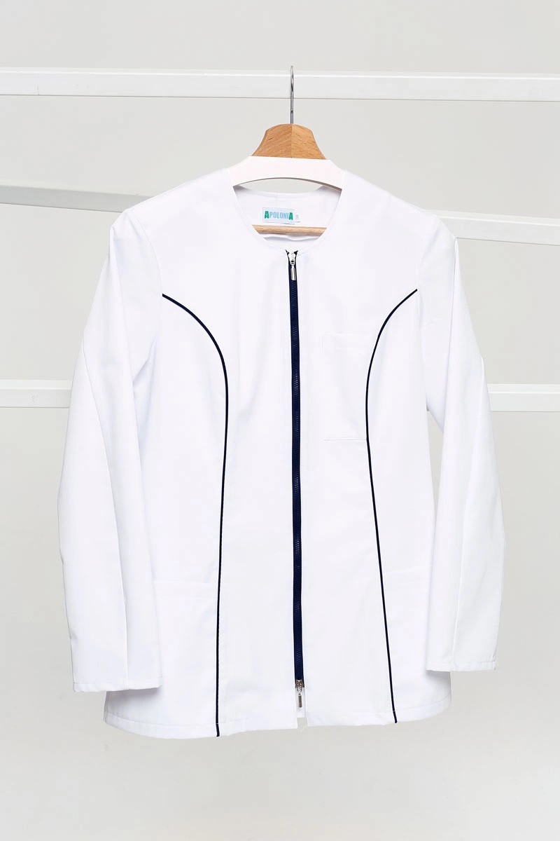 Women's medical jacket ZA 17, white with navy blue details, long sleeve ...